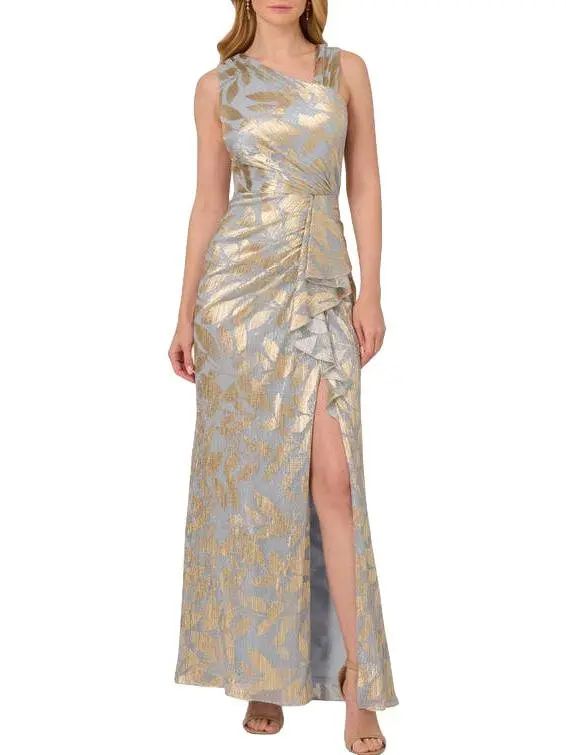 Adrianna Papell Foil Asymmetric Neck Gown - Light Blue/ Gold