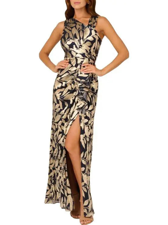 Adrianna Papell Foil Asymmetric Neck Gown - Navy/gold
