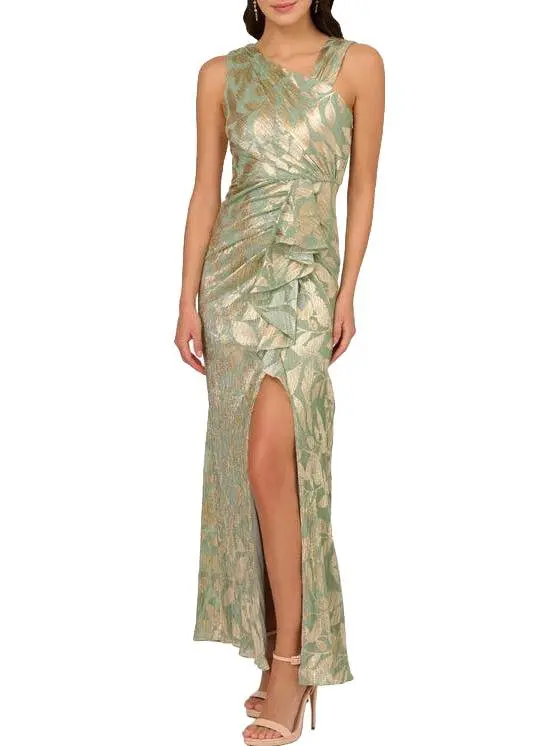 Adrianna Papell Foil Asymmetric Neck Gown - Sage/gold