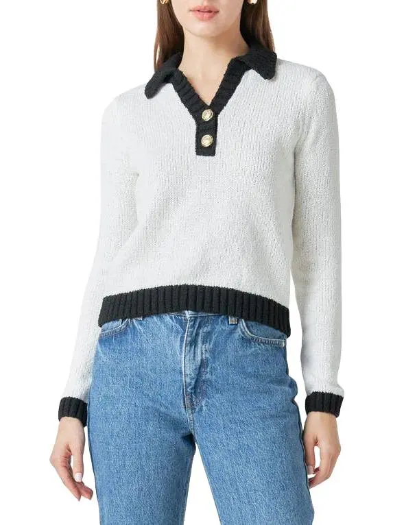 Endless Rose Contrast Detail Polo Sweater - Ivory/black