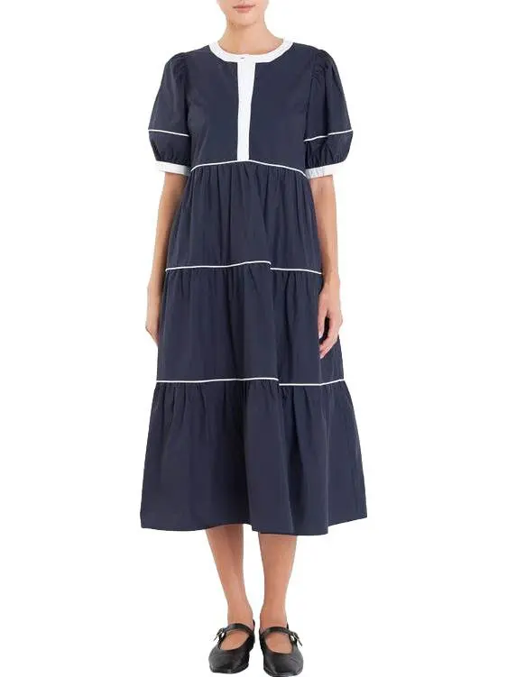 English Factory Contrast Trim Midi Dress - Navy