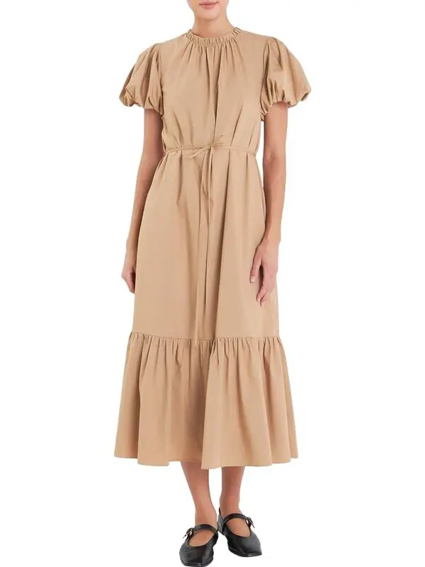 English Factory Puff Sleeve Tie Belt Midi Dress - Camel