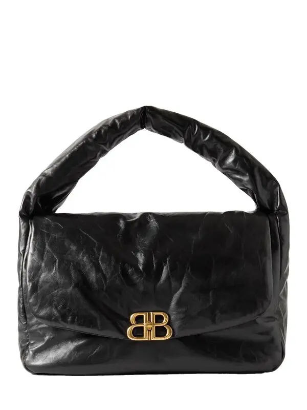 Balenciaga Monaco Large Logo-embellished Padded Crinkled-leather Tote Bag - Black