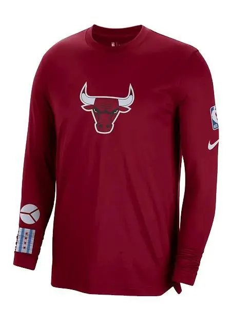 Nike Nba Chicago Bulls City Edition Drifit Loose Fit Long Sleeve T-shirt - Dark Red
