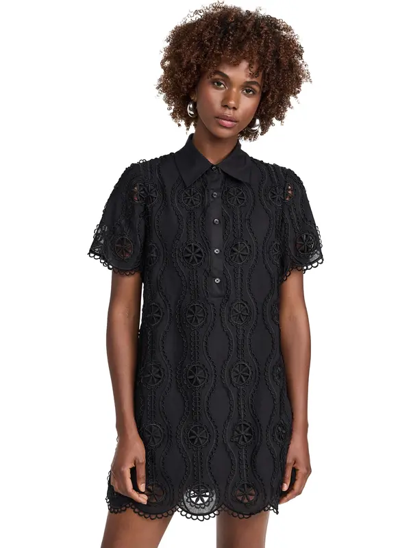 English Factory Scallop Embroidered Cotton Mini Shirt Dress - Black
