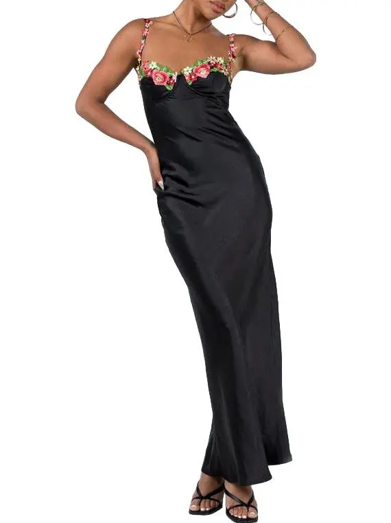 Princess Polly Kenzie Floral Lace Satin Maxi Dress - Black