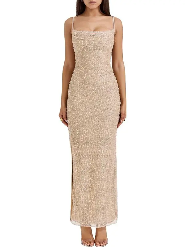 House Of Cb Calla Beaded Mesh Overlay Gown - Bleached Sand