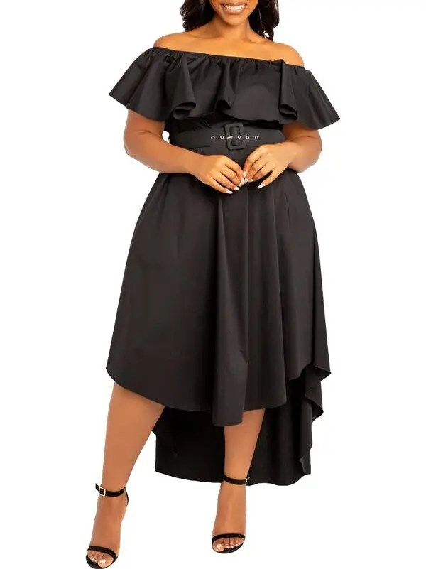 BUXOM COUTURE Flounce Off-the-shoulder High-low Dress With Belt - Black