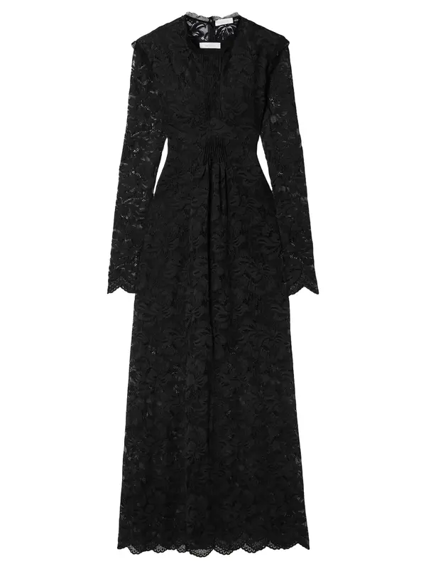 Rabanne Pintucked Scalloped Lace Maxi Dress - Black
