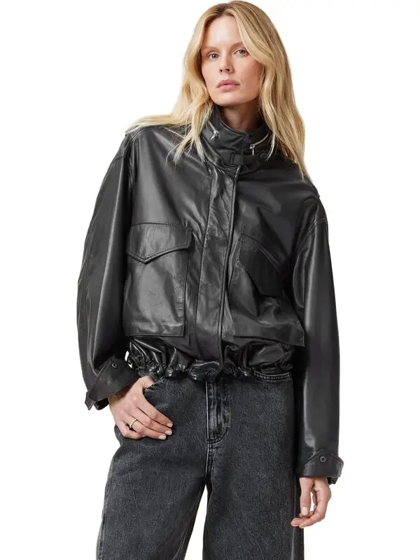 ALLSAINTS Clay Funnel Neck Cropped Leather Jacket - Black