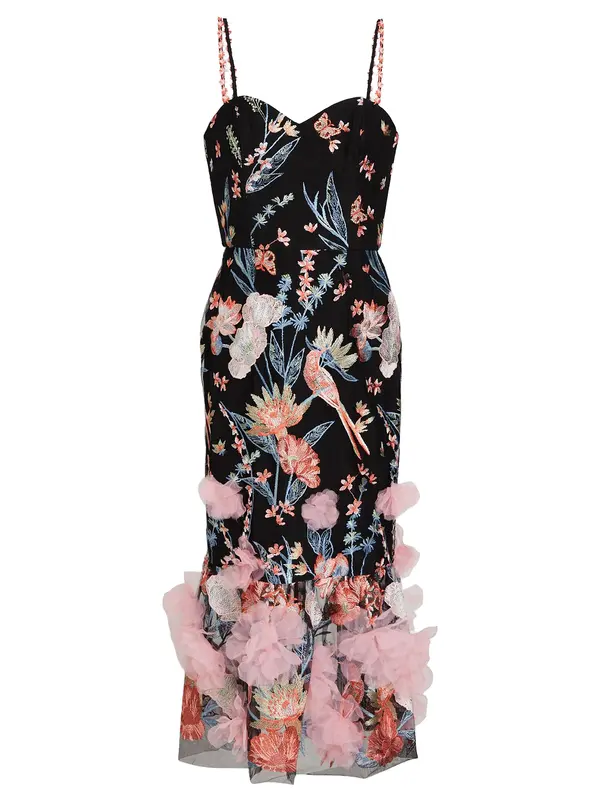 Marchesa Floral-appliquéd Embroidered Tulle Midi Dress - Black