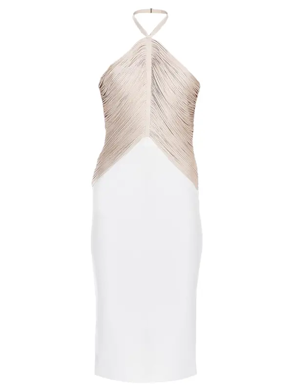 Herve Leger Halterneck Fringe Midi Dress - White