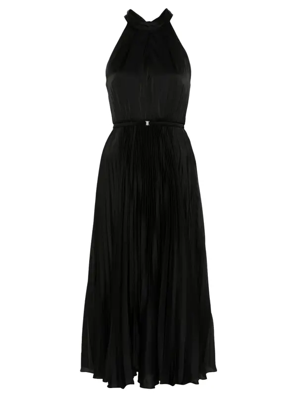 NISSA Pleated Satin Midi Dress - Black