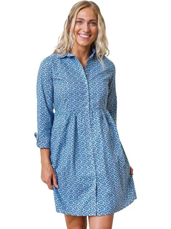 HOPE & HENRY Organic Cotton Shirt Dress - Medium Blue Ditsy Floral