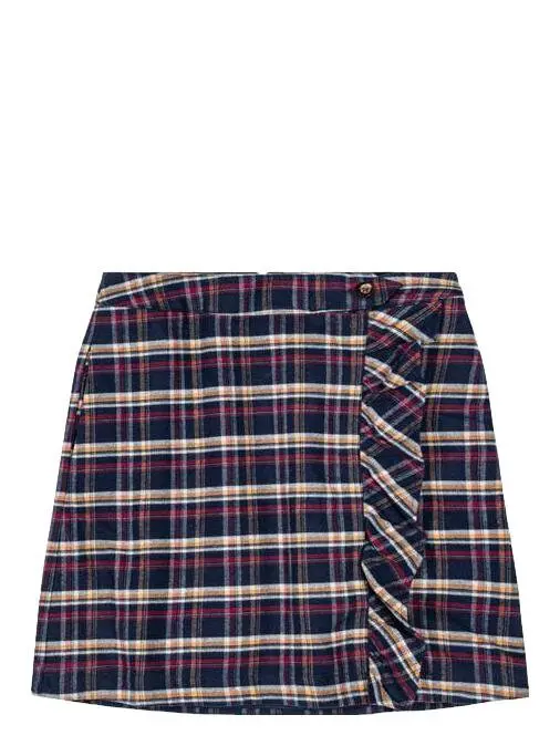 HOPE & HENRY Organic Flannel Ruffle Mini Skirt - Navy Autumn Plaid
