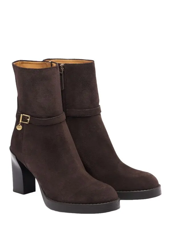 TOD'S Suede Ankle Boots With Buckled Strap - Brown
