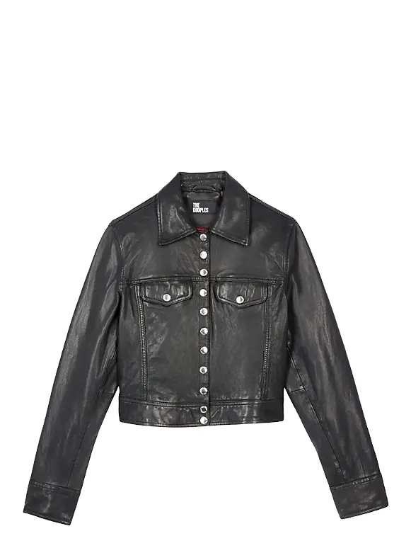 The Kooples Branded Hardware Cropped Leather Jacket - Black