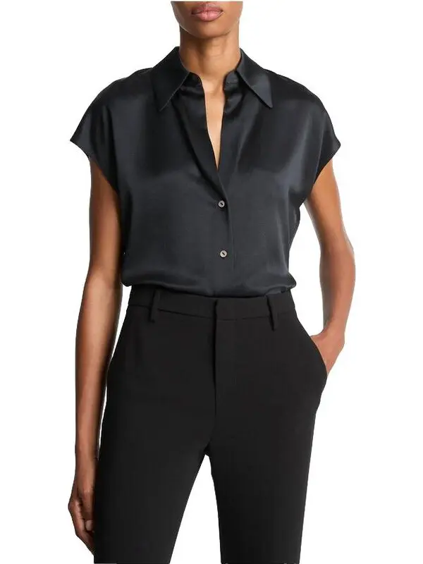 Vince Silk Cap-sleeve Blouse - Black