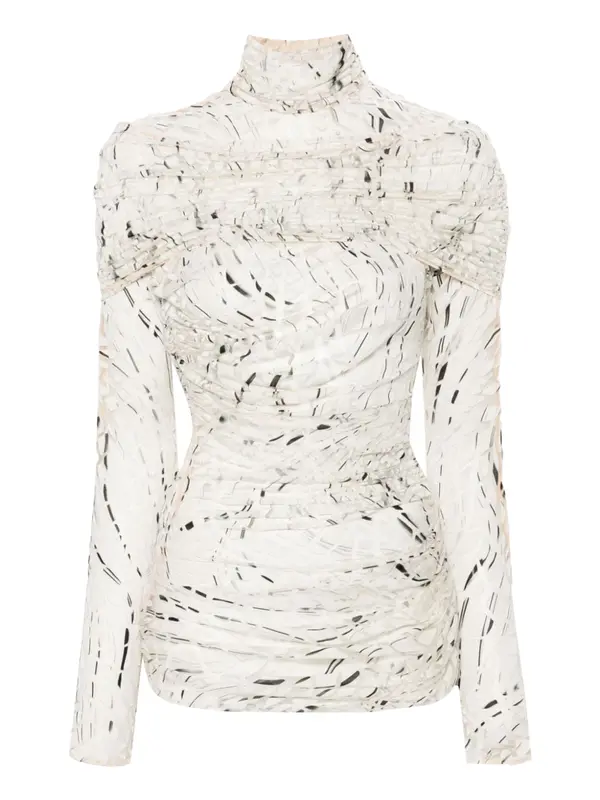 MUGLER Abstract-print Ruched Top - White