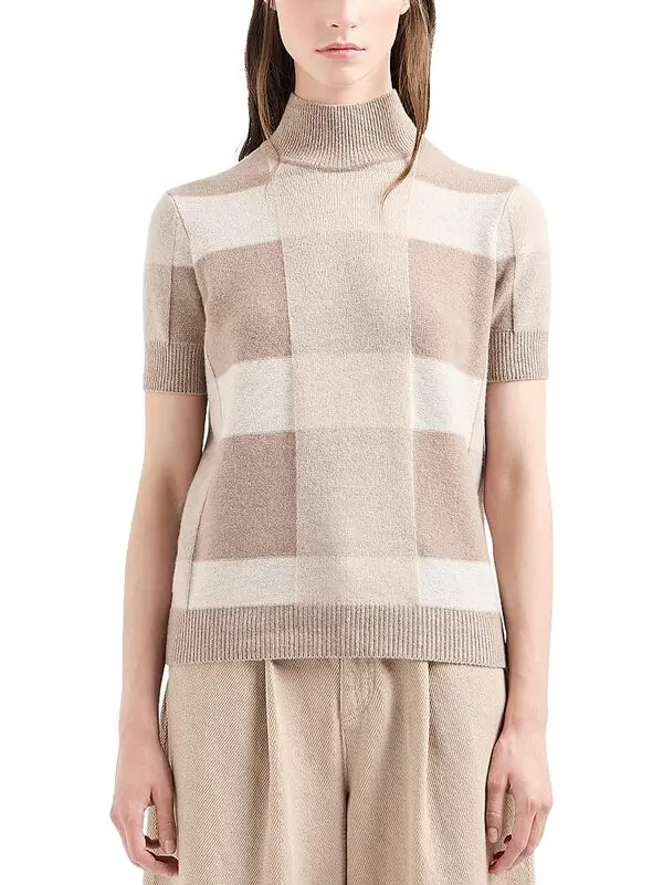 Emporio Armani Checkered Virgin Wool Cashmere Turtleneck Sweater - Beige