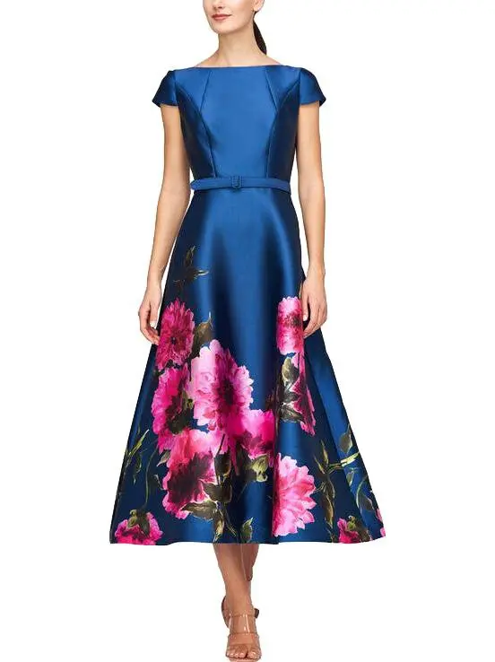 KAY UNGER Ina Belted Cocktail Dress - Dark Ink/french Rose