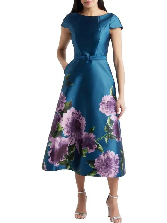 KAY UNGER Ina Belted Cocktail Dress - Teal Blue