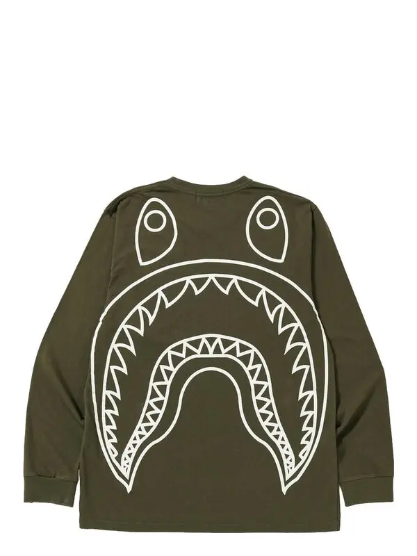 A BATHING APE Big Shark Vintage Long Sleeve Tee Shirt - Olive Drab