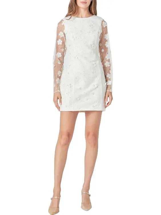 Endless Rose Floral Appliqué Beaded Mini Dress - Cream