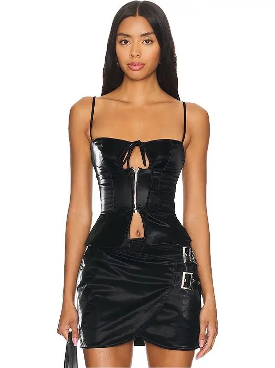 WeWoreWhat Faux Patent Leather Peplum Corset Top - Black