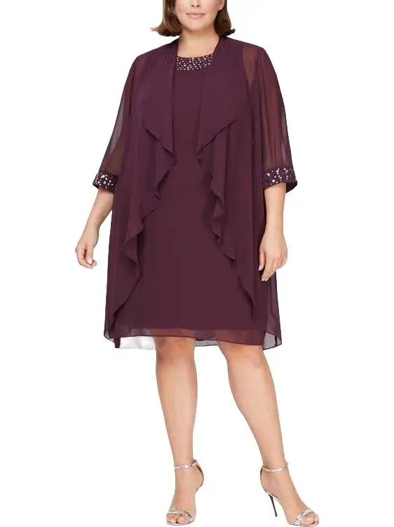 SLNY Embellished Cascade Overlay Dress - Aubergine