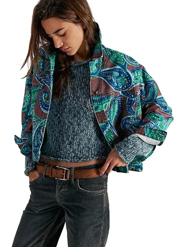 Free People Printed Denim Jacket - Brunette Combo - Explodin