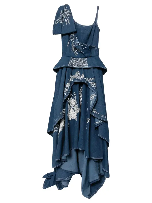 SAIID KOBEISY Floral-embroidered Denim Maxi Dress - Blue