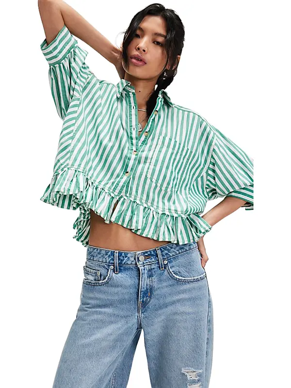 Free People We The Free Bailey Stripe Shirt - French Green Combo