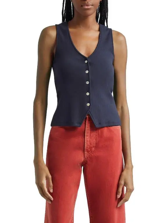 Veronica Beard Hoorne Cotton Ribbed Vest - Navy