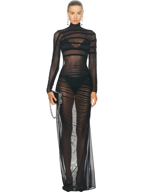 Jean Paul Gaultier Gaultier & Mariniere Turtleneck Draped Mesh Dress - Black