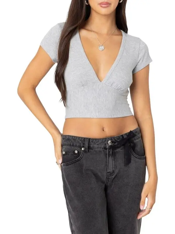 EDIKTED Deep V Crop T-shirt - Gray-melange