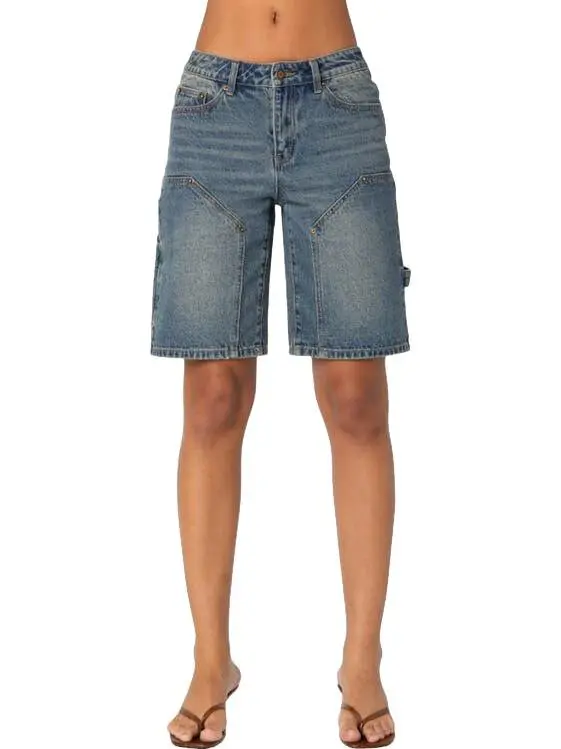 EDIKTED Low Rise Denim Carpenter Bermuda Shorts - Blue