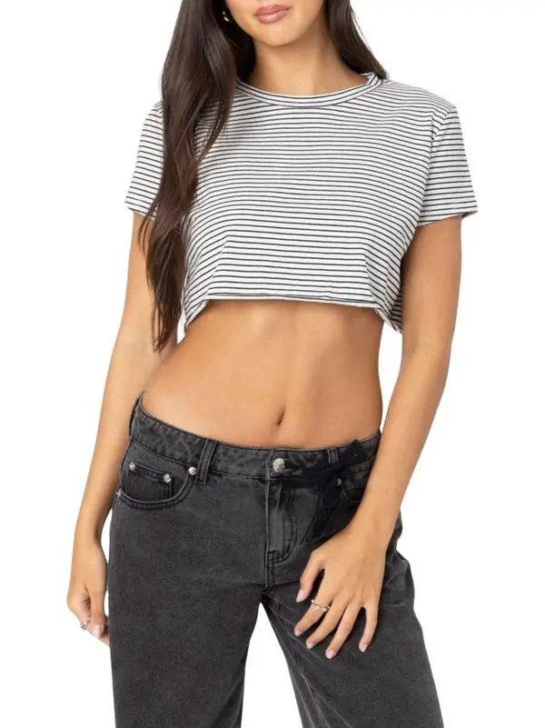 EDIKTED Stripey Crop T-shirt - White-and-black
