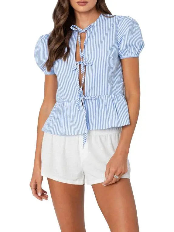 EDIKTED Stripe Tie-front Shirt - Blue-and-white