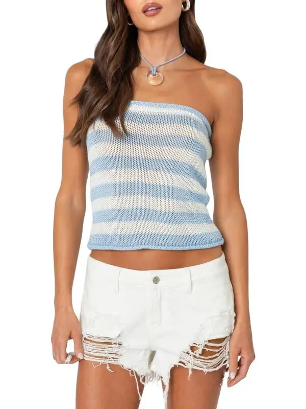 EDIKTED Nox Stripe Knit Crop Tube Top - Blue-and-white