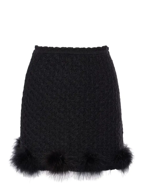 Blumarine Feather-trimmed Knitted Miniskirt - Black