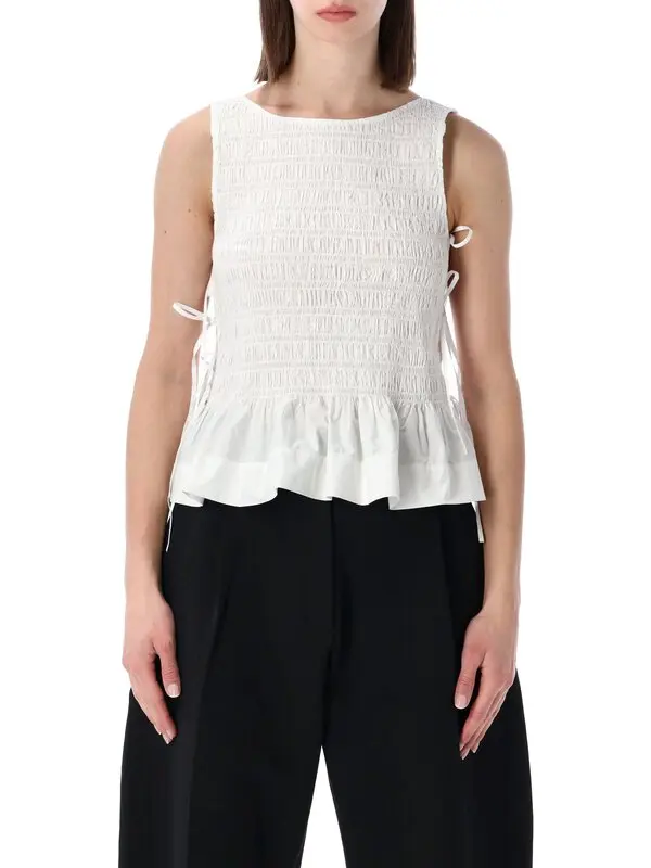 GANNI Smocked Tie Top In Organic Cotton - White