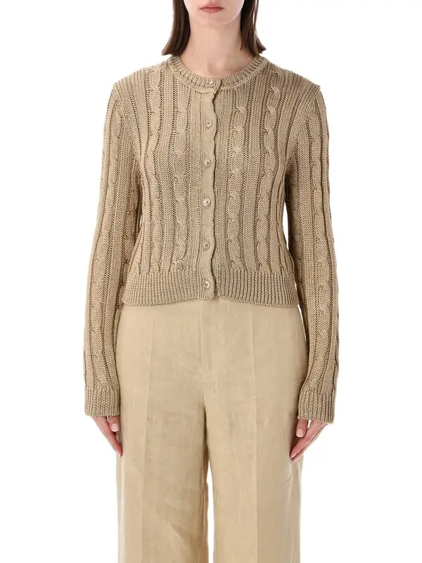 Ralph Lauren Cropped Cable Knit Silk Cardigan - Light Tan