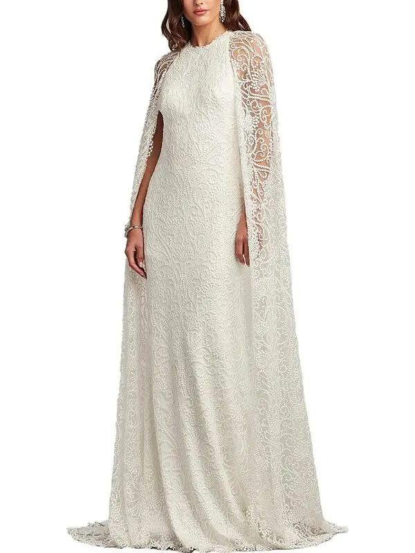 Tadashi Shoji Piers Embroidered Cape Gown - Ivory
