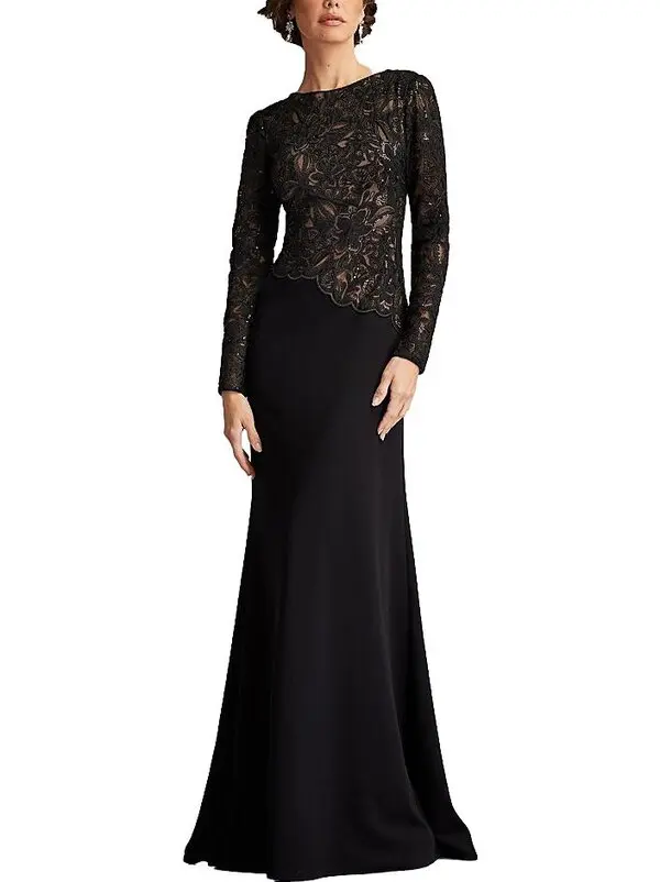 Tadashi Shoji Shika Embroidered Crepe Gown - Black/nude