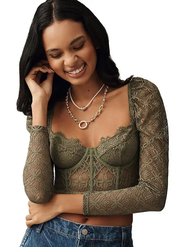 Anthropologie Giselle Lace Long-sleeve Bustier - Olive