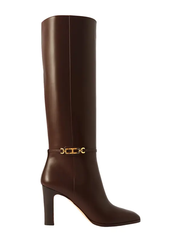 TOM FORD Embellished Leather Knee Boots - Brown