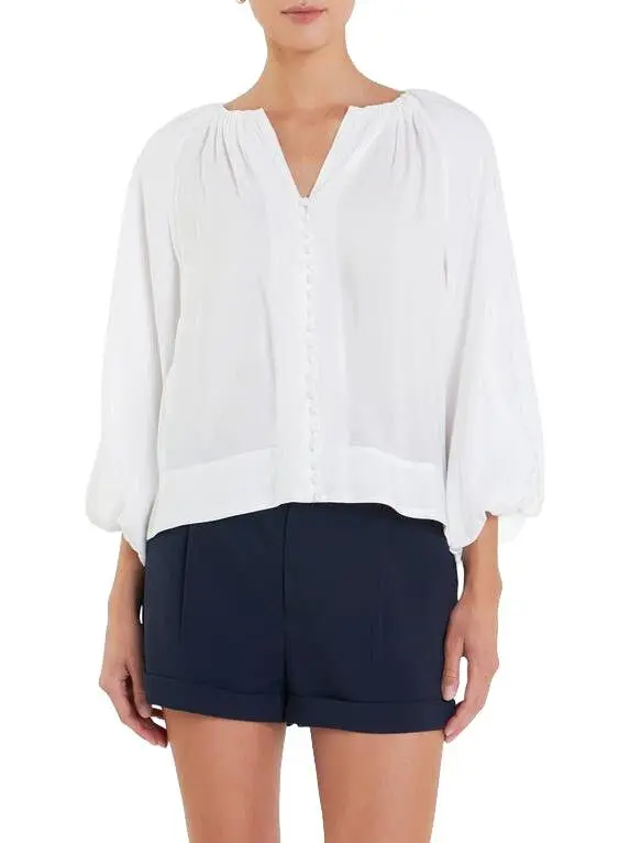 English Factory Gathered Front Button Top - Off White