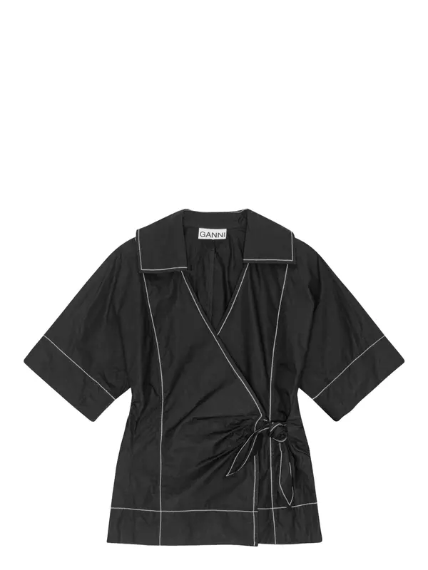 GANNI Contrast Piping Wrap Blouse - Black