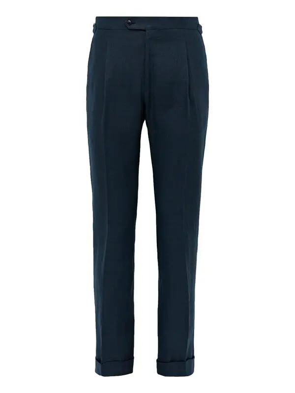 SAMAN AMEL Slim-fit Pleated Linen Trousers - Blue